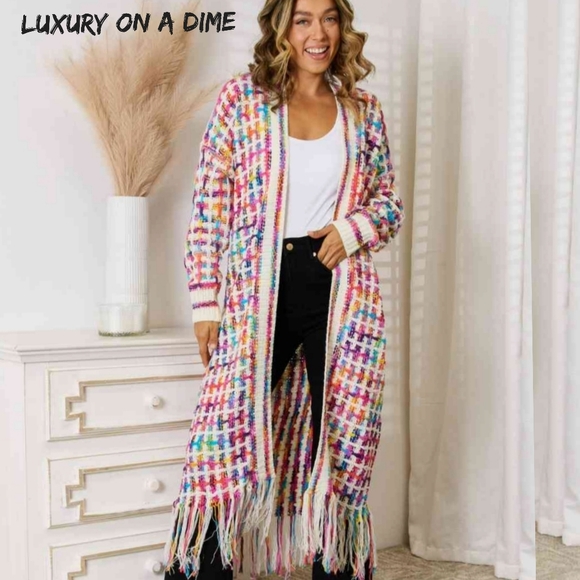 Sweaters | Retro Knit Bright Colorful Fringe Hem Longline Duster ...